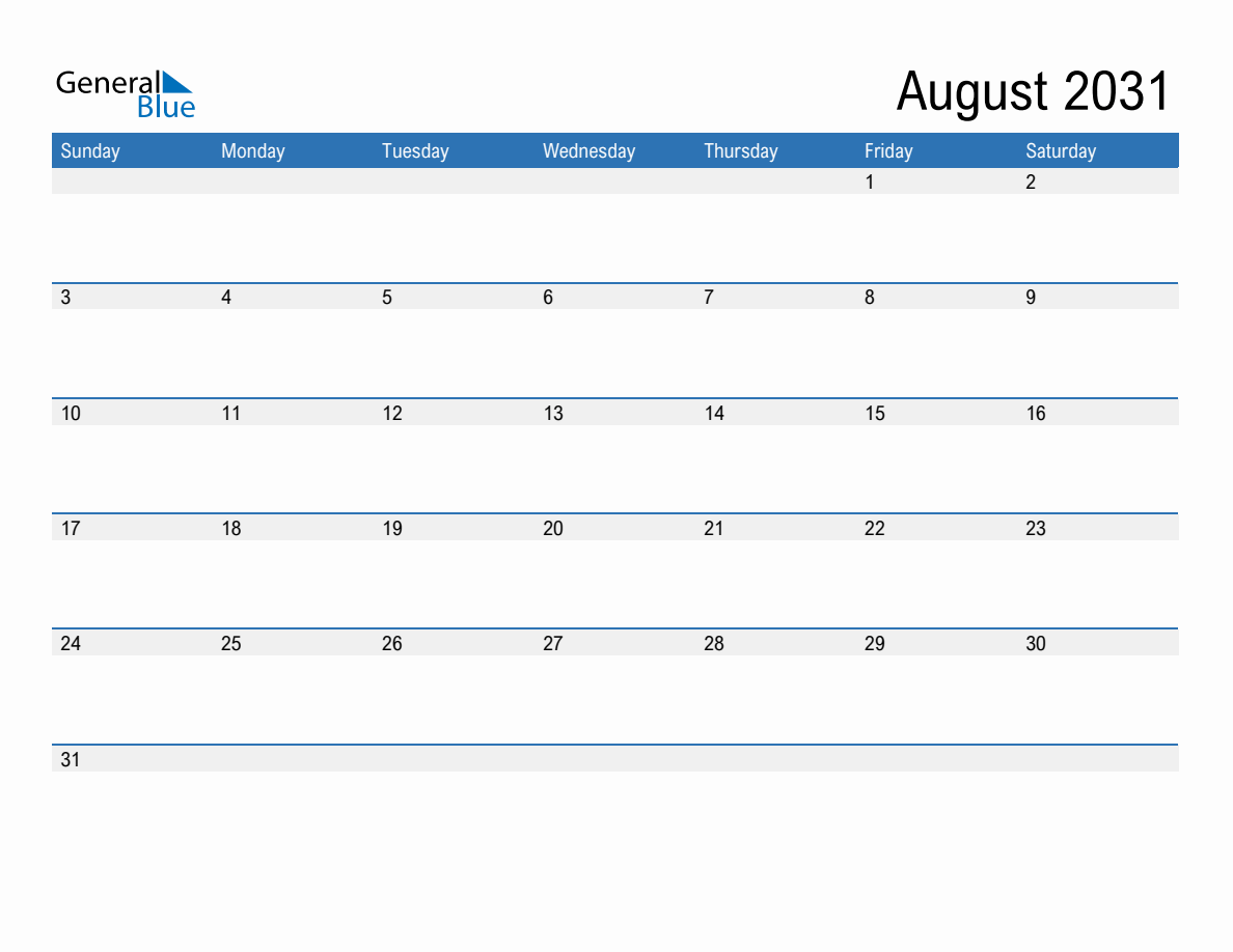 Editable Calendar Template for August 2031