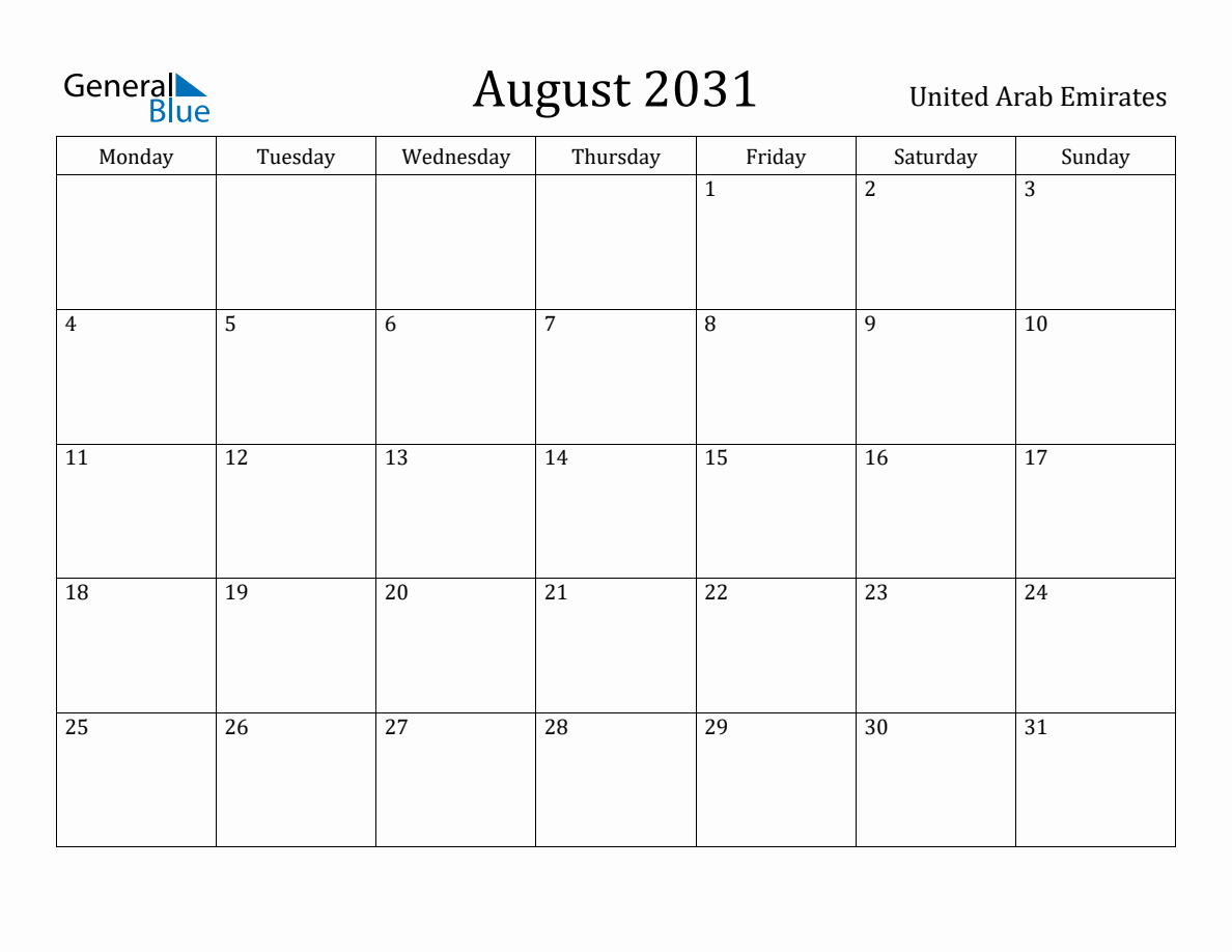 United Arab Emirates Monthly Calendar - August 2031 (Monday Start)