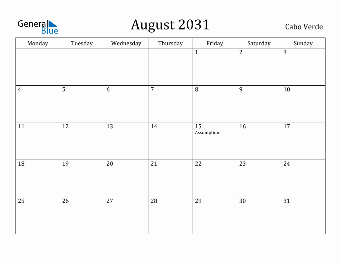 August 2031 - Cabo Verde Monthly Calendar with Holidays