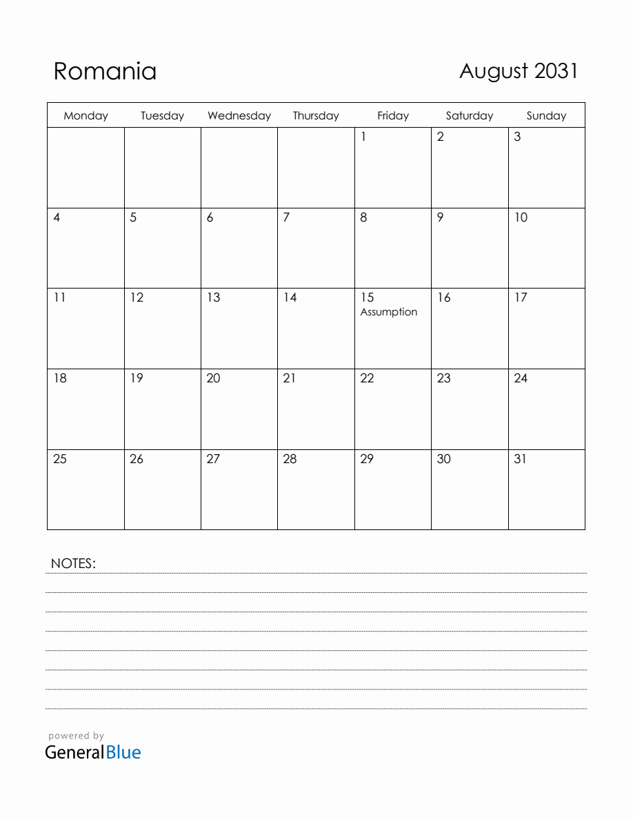 August 2031 Romania Calendar with Holidays (Monday Start)