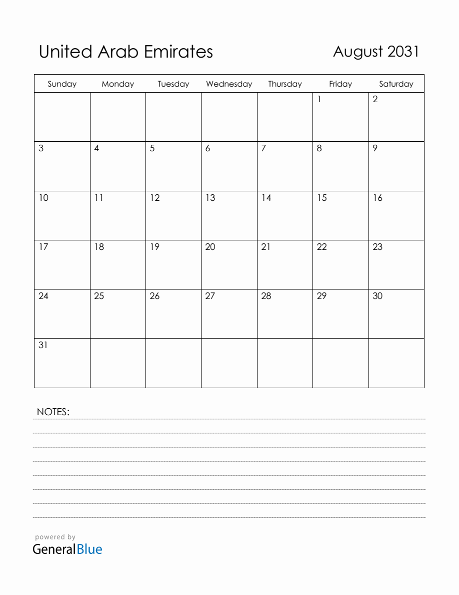 August 2031 United Arab Emirates Calendar with Holidays