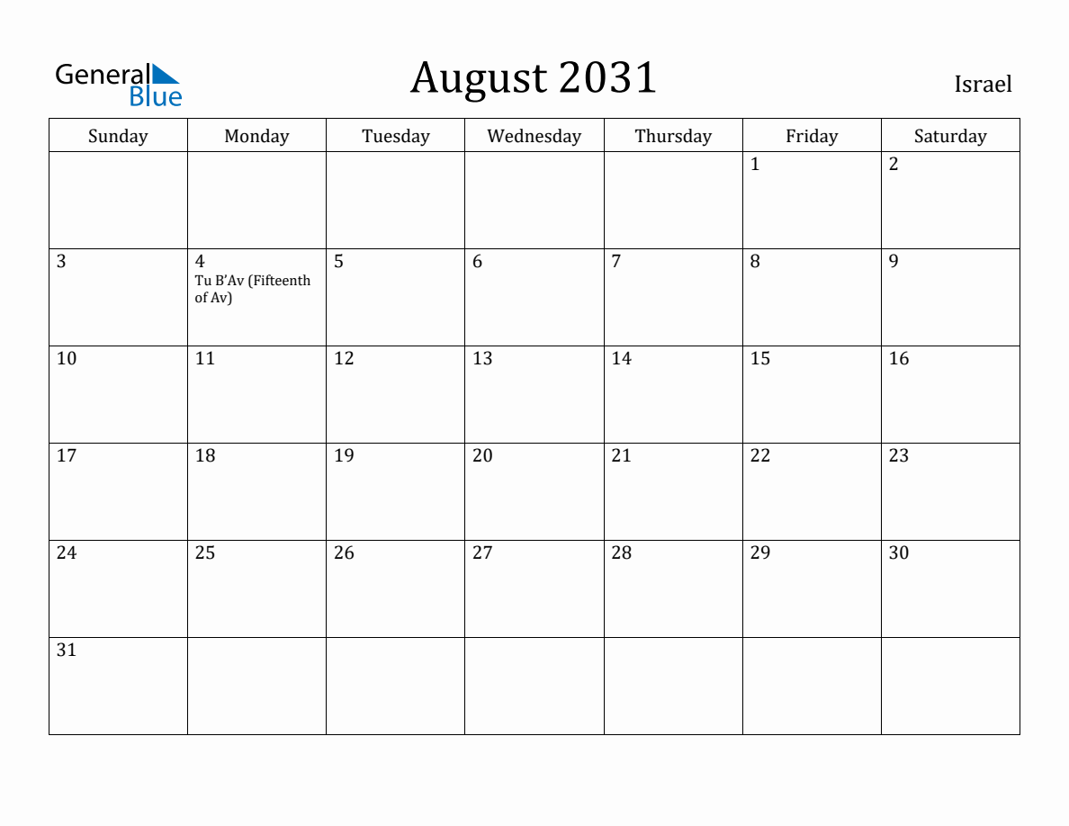 August 2031 Monthly Calendar with Israel Holidays