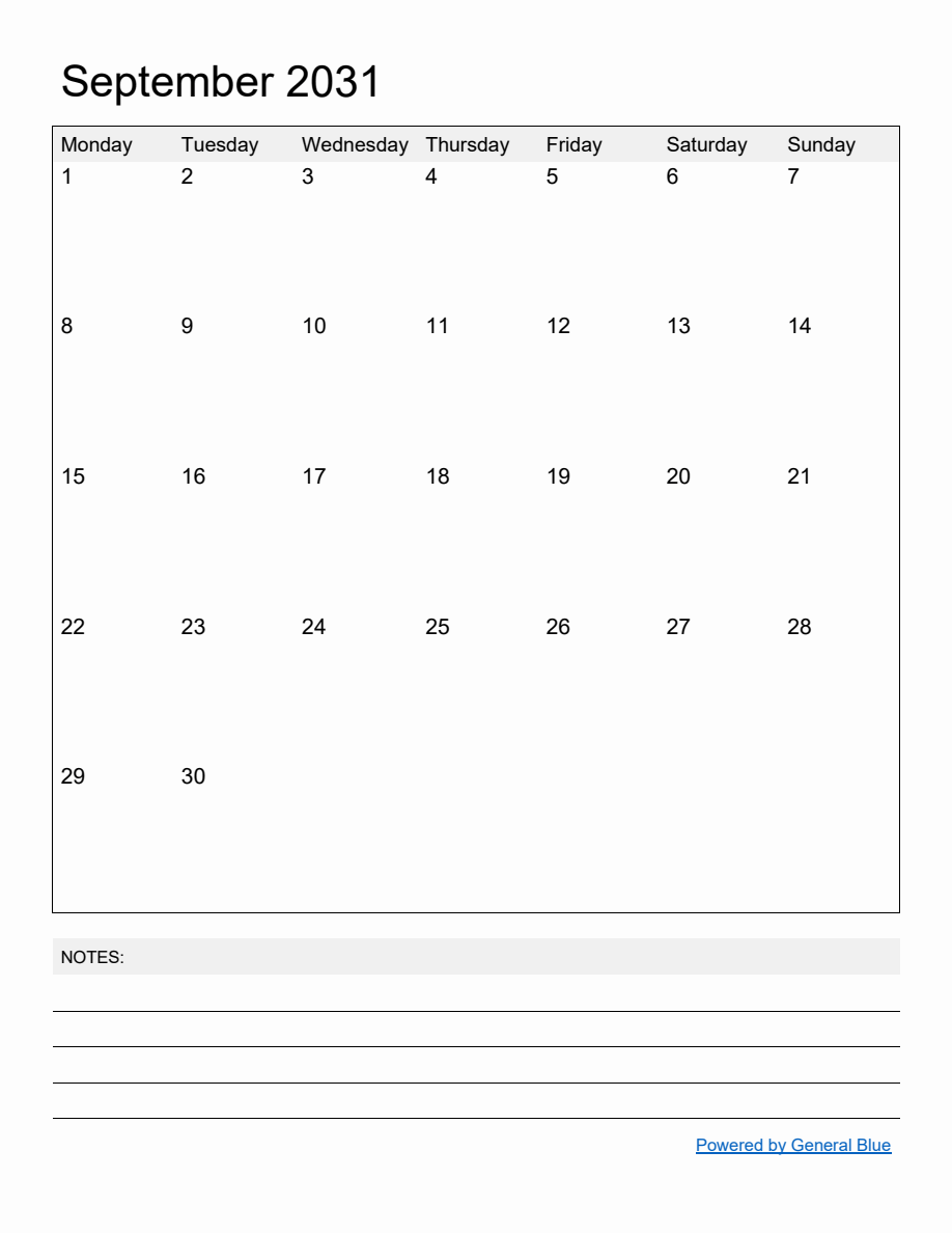 Free Printable Monthly Calendar for September 2031 - Monday Start
