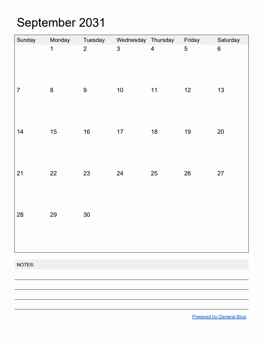 Free Printable Monthly Calendar for September 2031