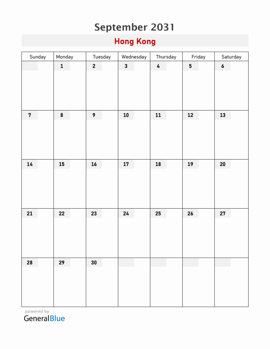 Hong Kong September 2031 Calendar with Holidays