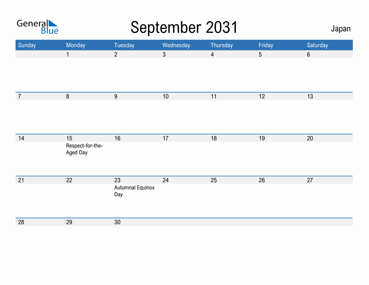 September 2031 Monthly Calendars with Japan Holidays
