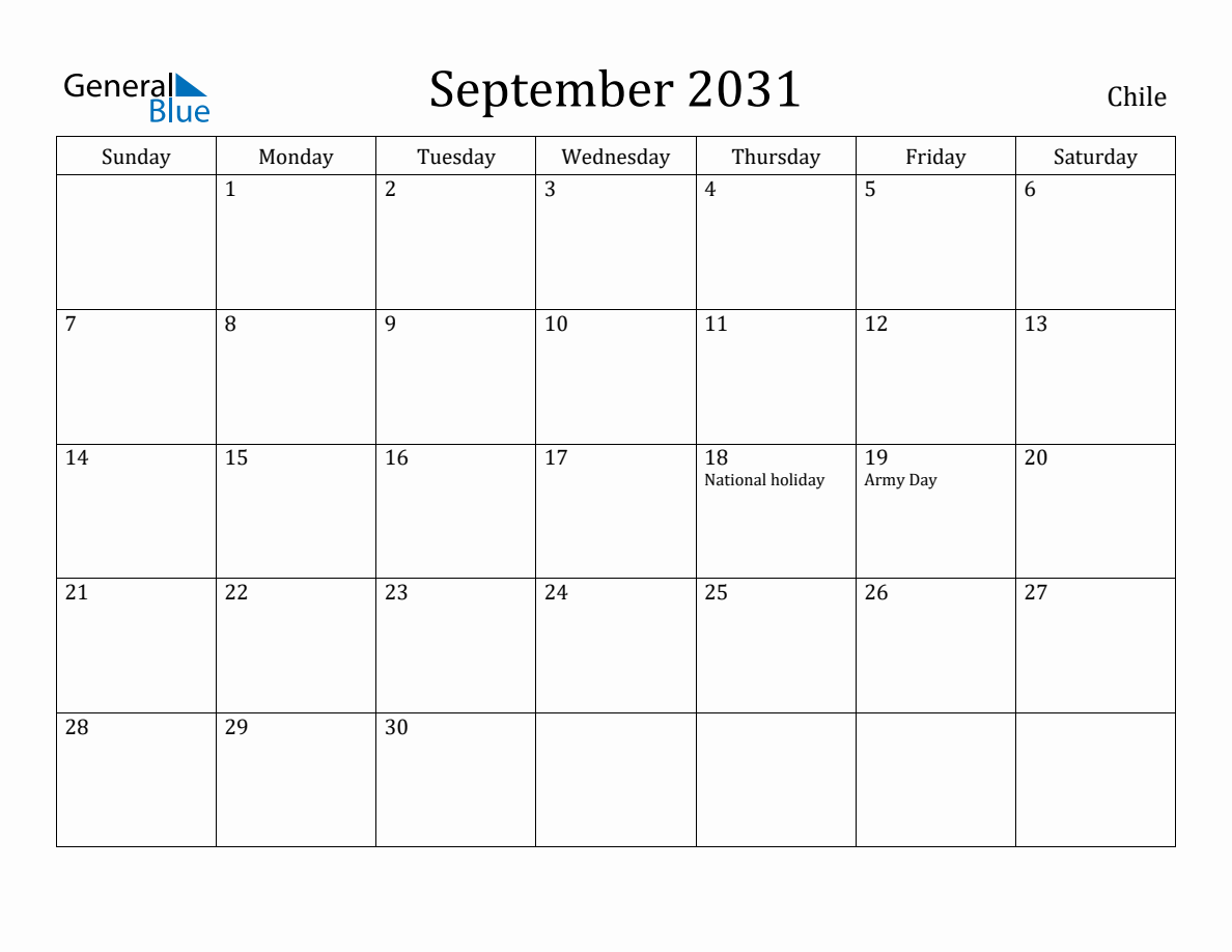 September 2031 Monthly Calendar with Chile Holidays