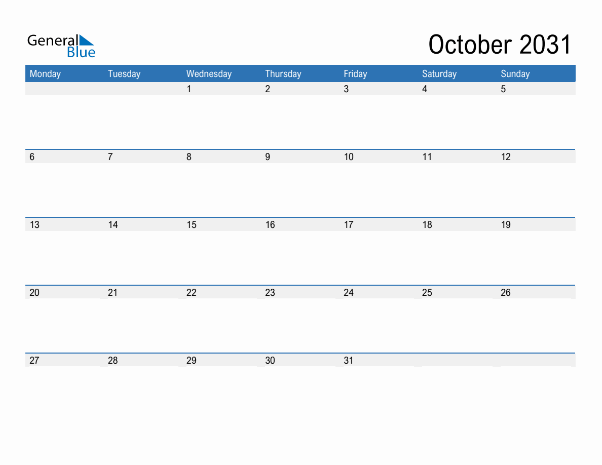 Editable Calendar Template for October 2031 - Monday Start