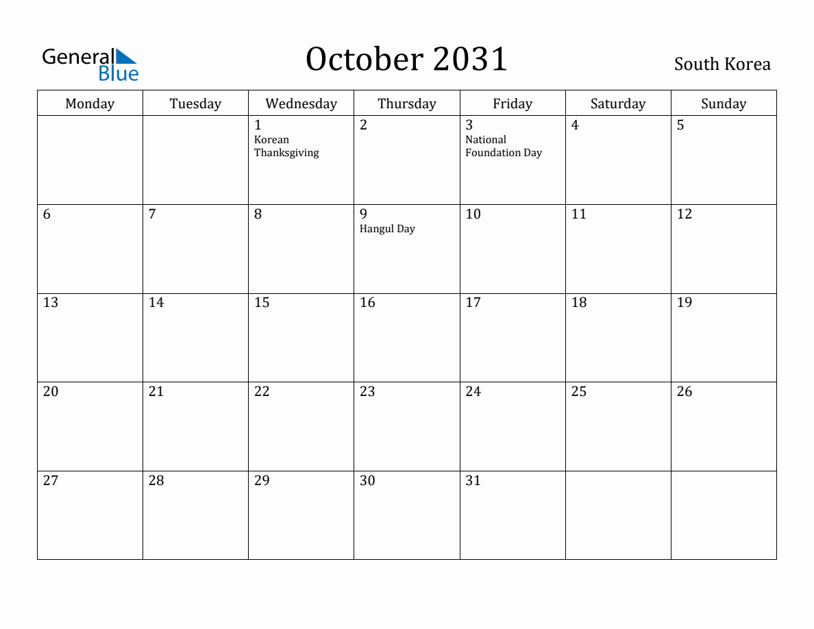 October 2031 - South Korea Monthly Calendar with Holidays