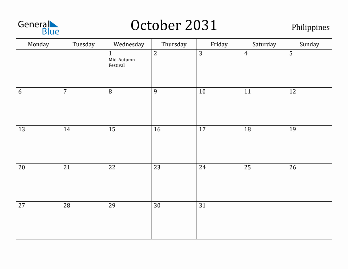 October 2031 Monthly Calendar with Philippines Holidays (Monday Start)