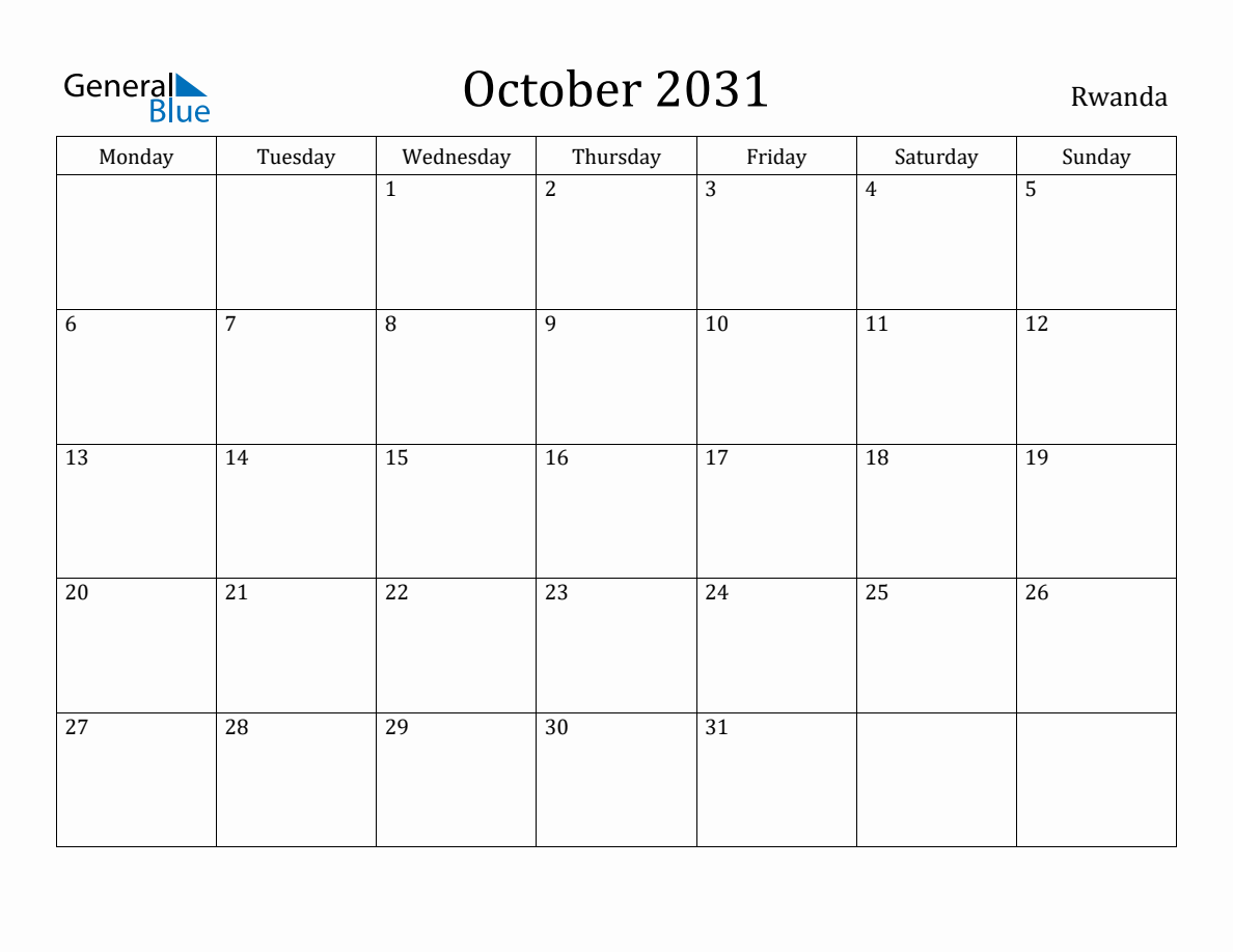 October 2031 - Rwanda Monthly Calendar with Holidays