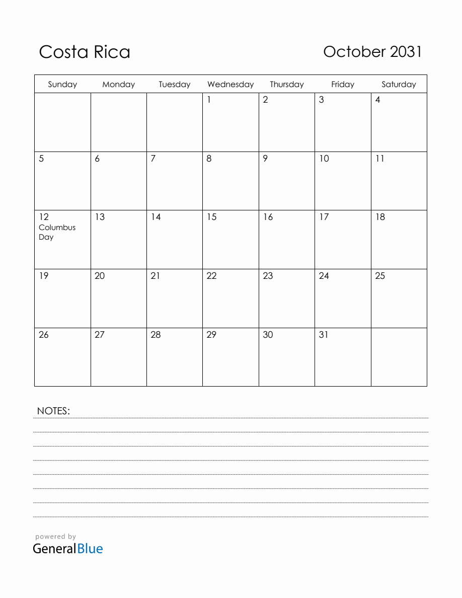 October 2031 Costa Rica Calendar with Holidays