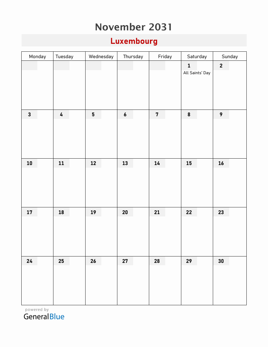 Luxembourg November 2031 Calendar with Holidays