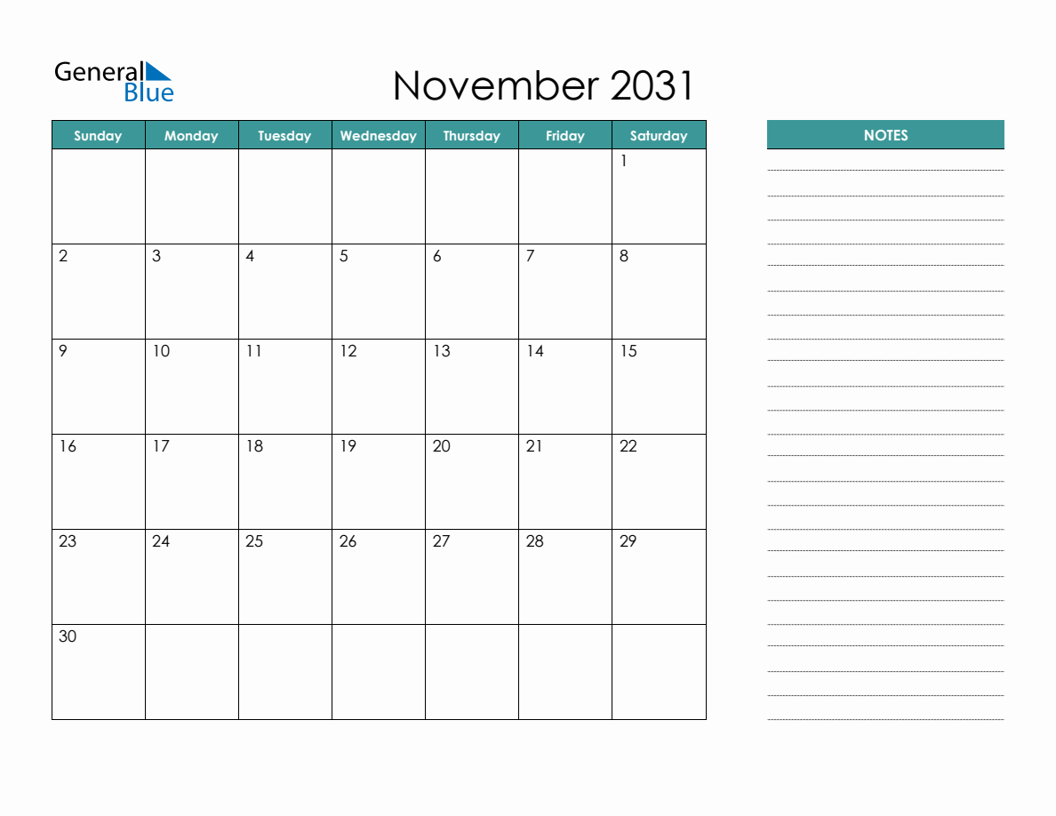 November 2031 Calendar Planner with Notes