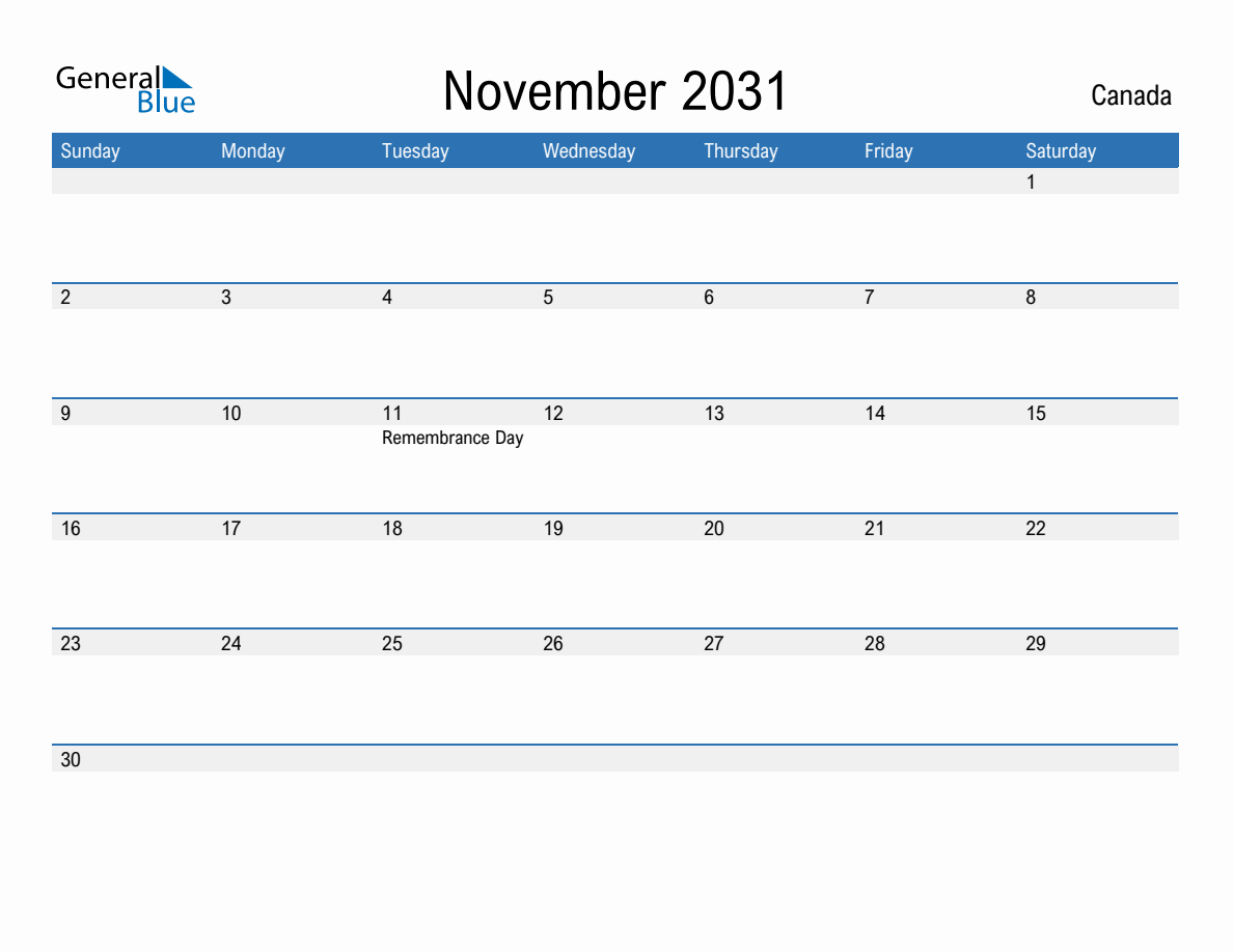 November 2031 Monthly Calendars with Canada Holidays