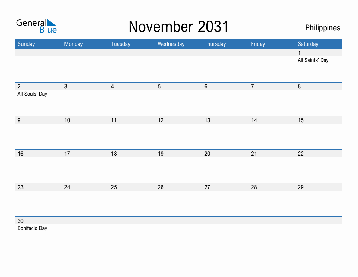 November 2031 Monthly Calendars with Philippines Holidays