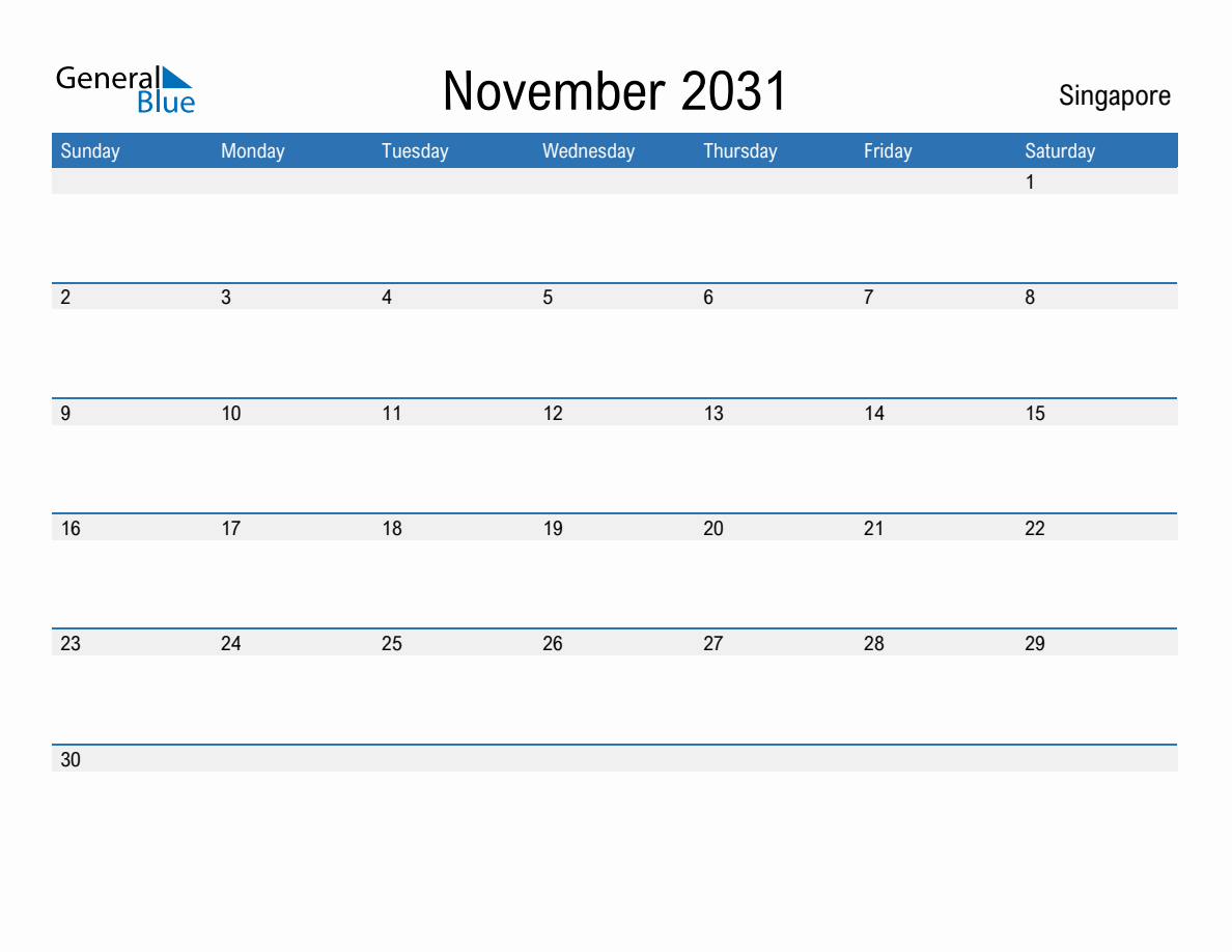 November 2031 Monthly Calendars with Singapore Holidays