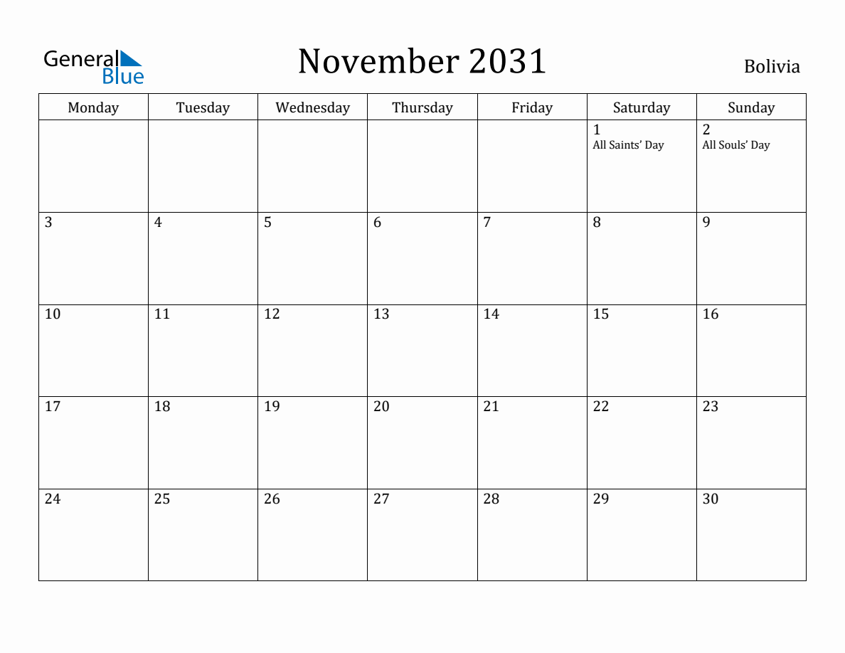 November 2031 - Bolivia Monthly Calendar with Holidays