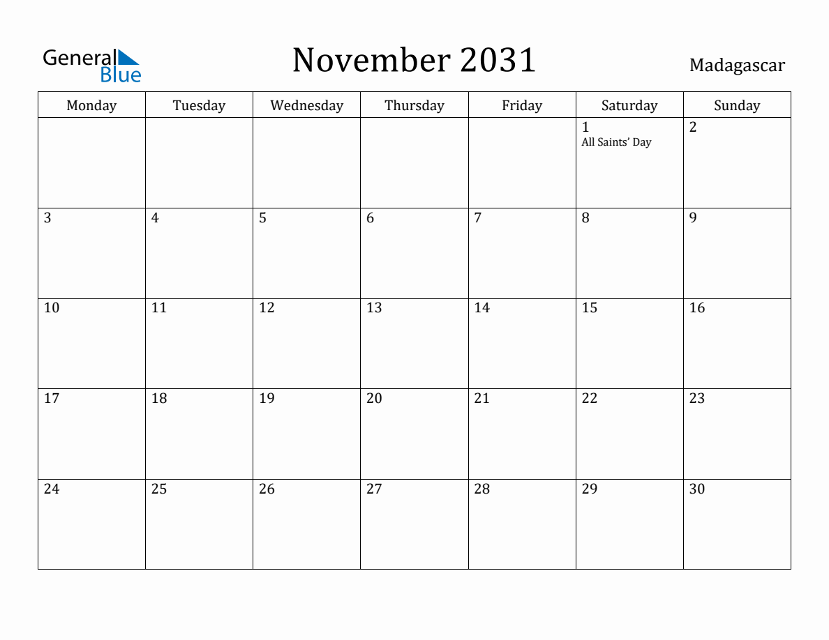 November 2031 - Madagascar Monthly Calendar with Holidays
