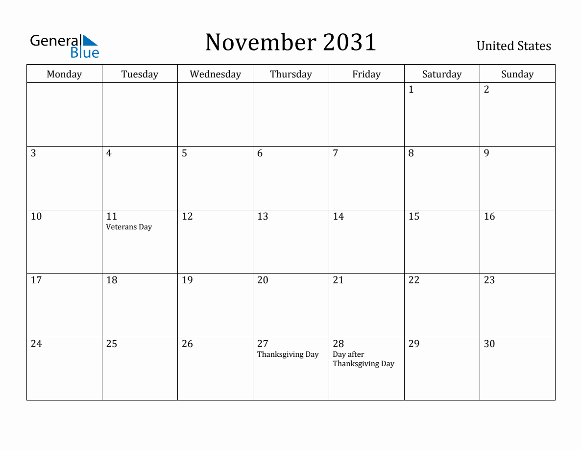 November 2031 - United States Monthly Calendar with Holidays