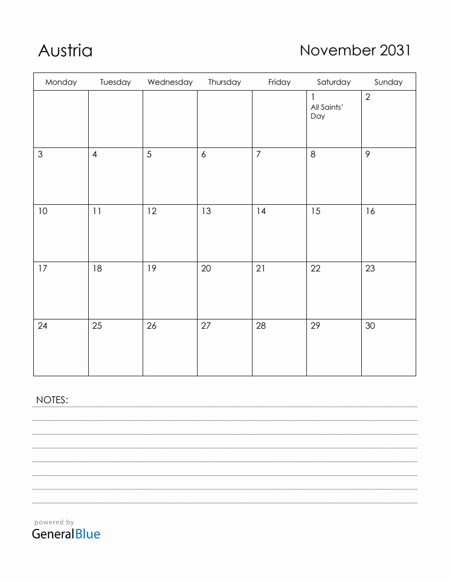 November 2031 Austria Calendar with Holidays (Monday Start)