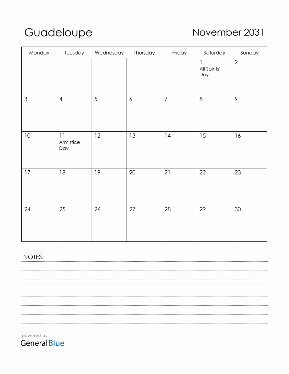 November 2031 Guadeloupe Calendar with Holidays