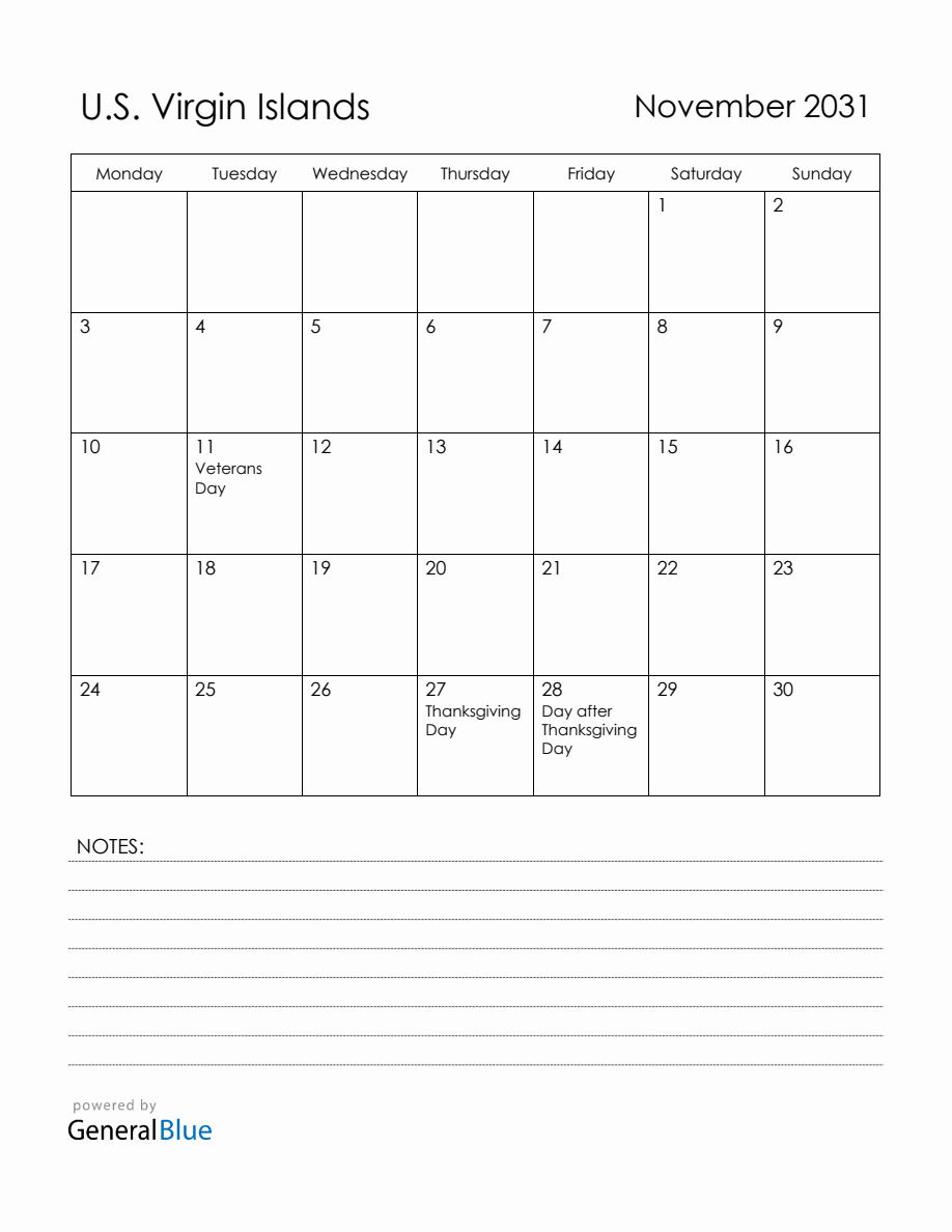 November 2031 U.S. Virgin Islands Calendar with Holidays (Monday Start)