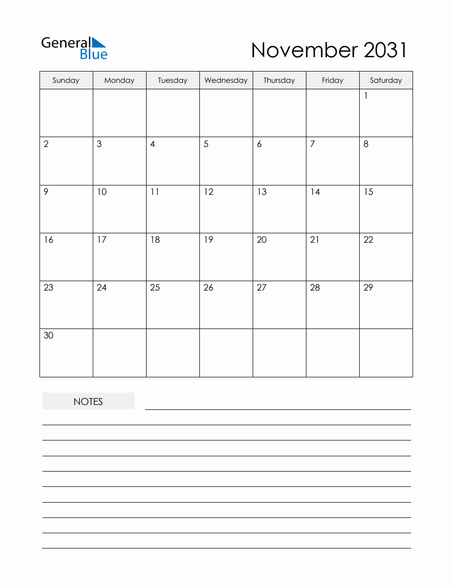 November 2031 Monthly Planner Calendar