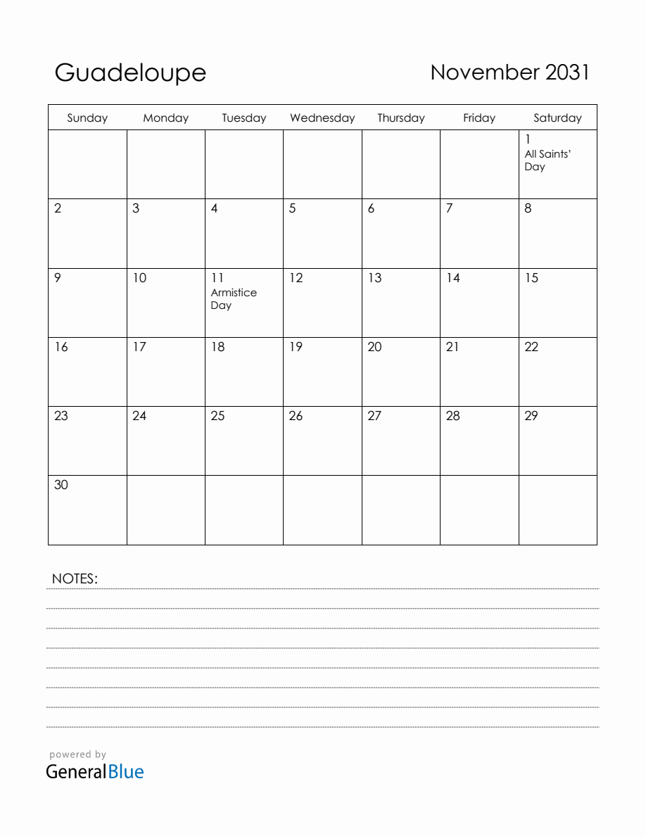 November 2031 Guadeloupe Calendar with Holidays