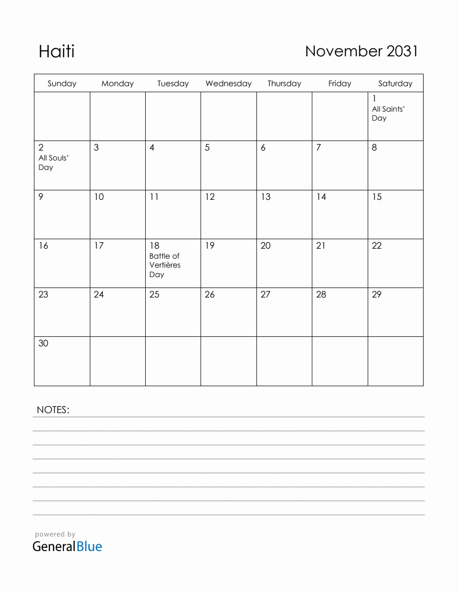November 2031 Haiti Calendar with Holidays