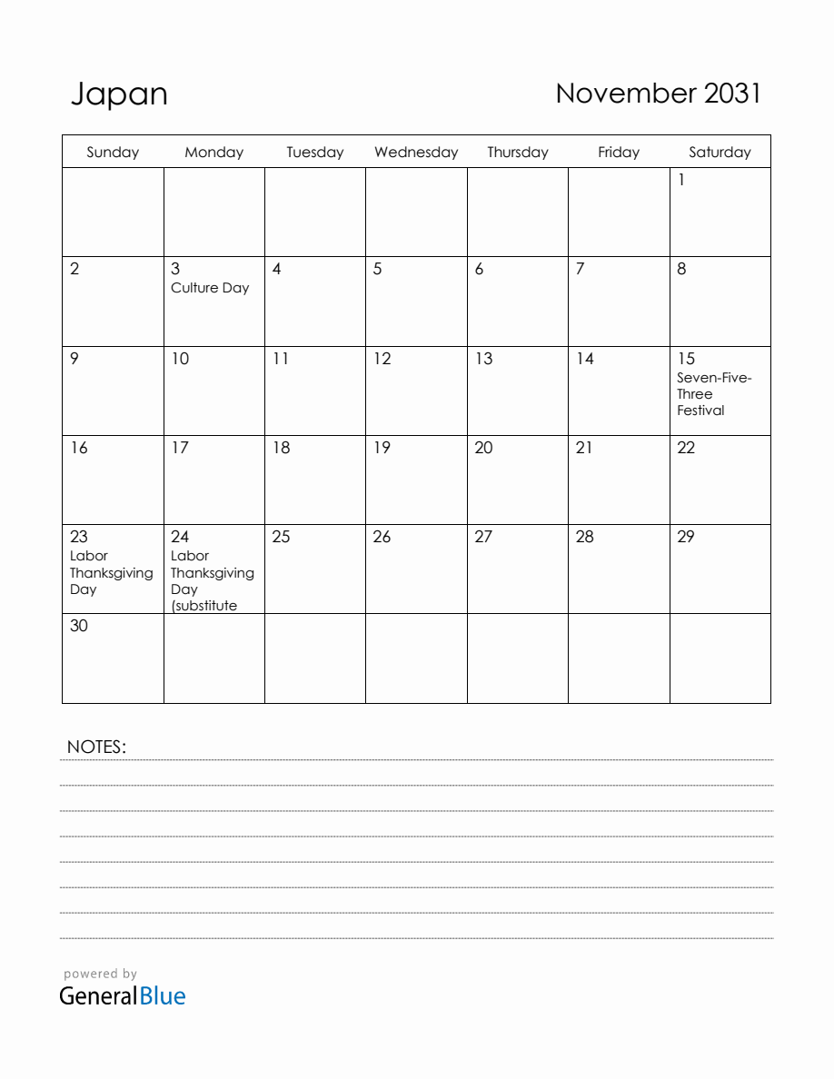 November 2031 Japan Calendar with Holidays