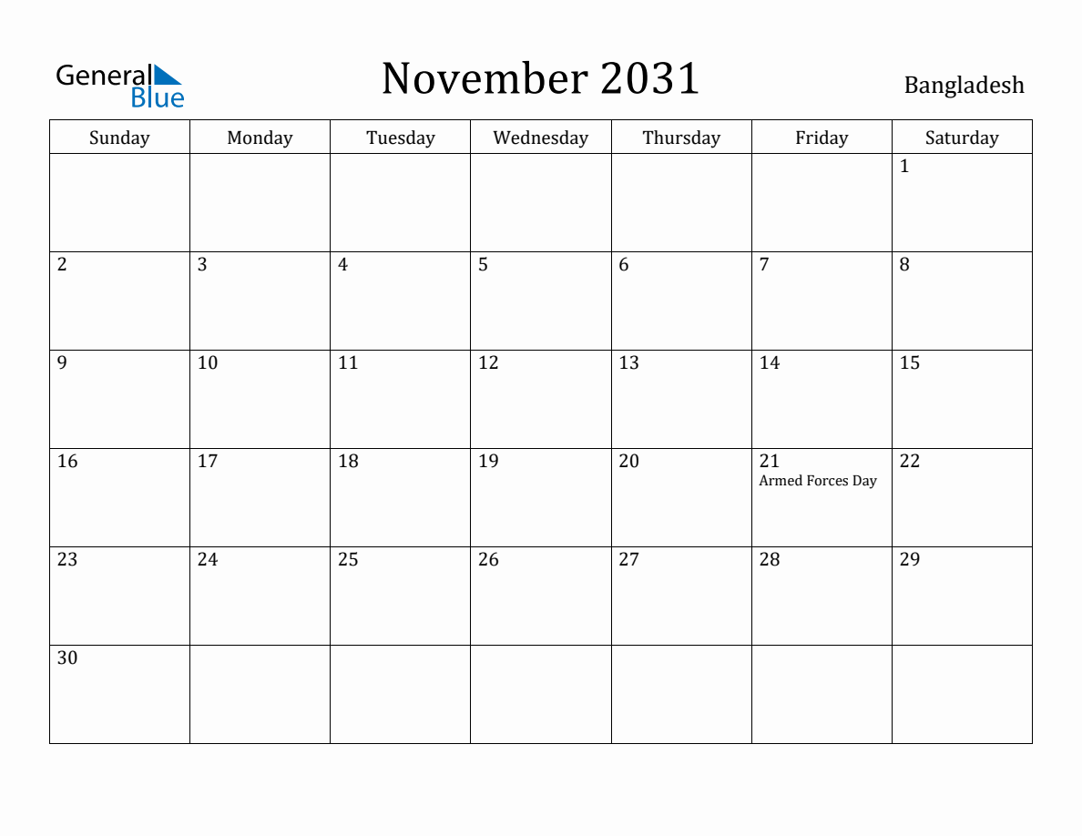 November 2031 Monthly Calendar with Bangladesh Holidays