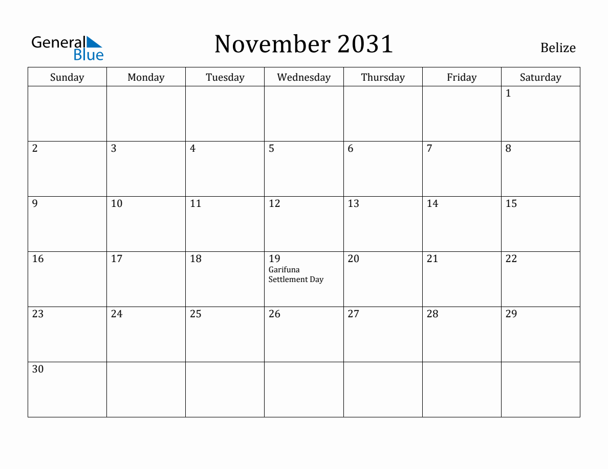 November 2031 Monthly Calendar with Belize Holidays