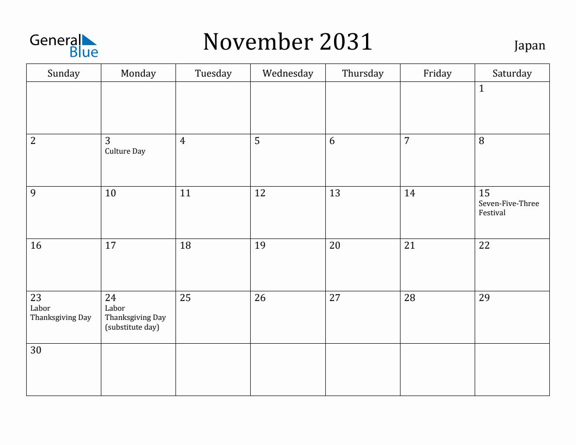 November 2031 Monthly Calendar with Japan Holidays