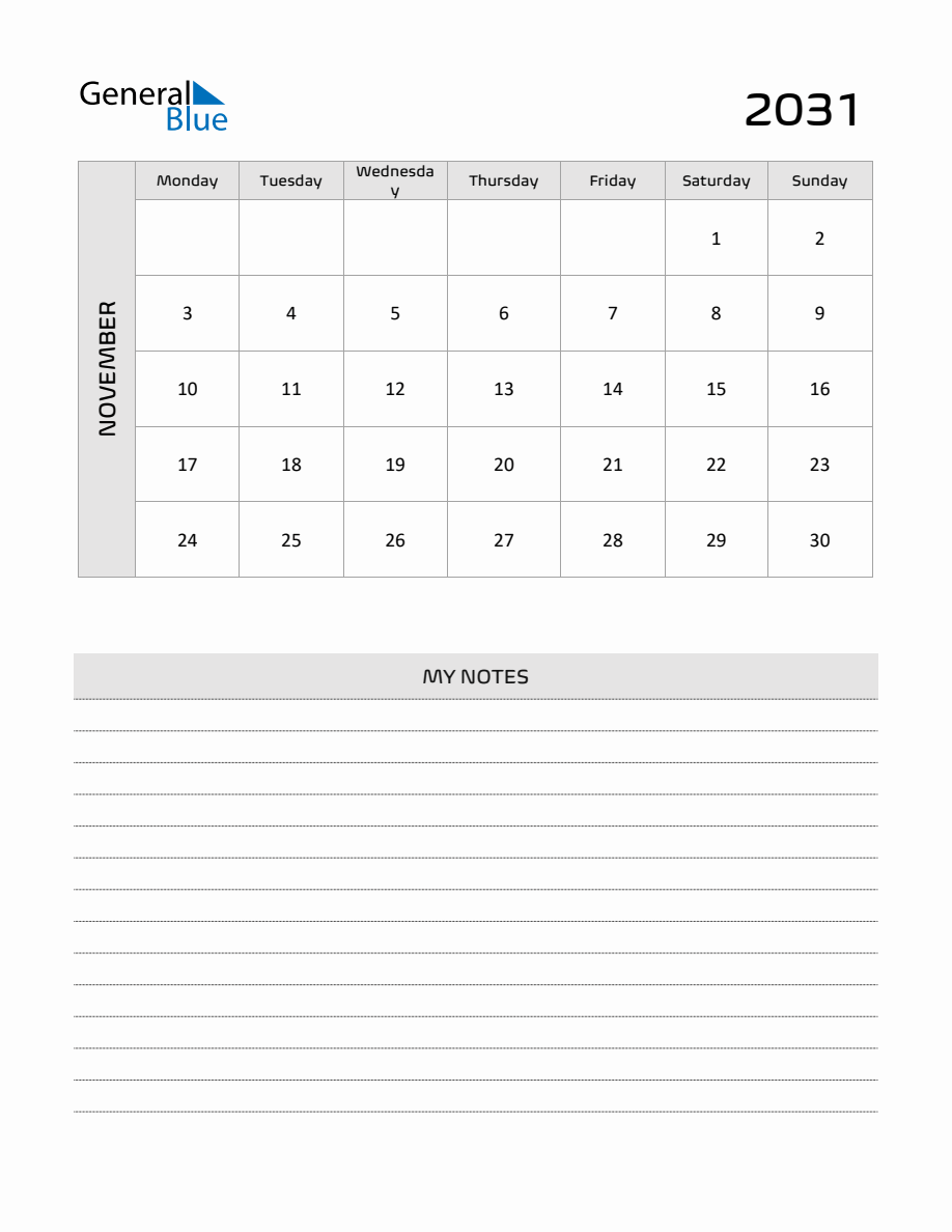 November 2031 Printable Monthly Calendar with Notes - Monday Start