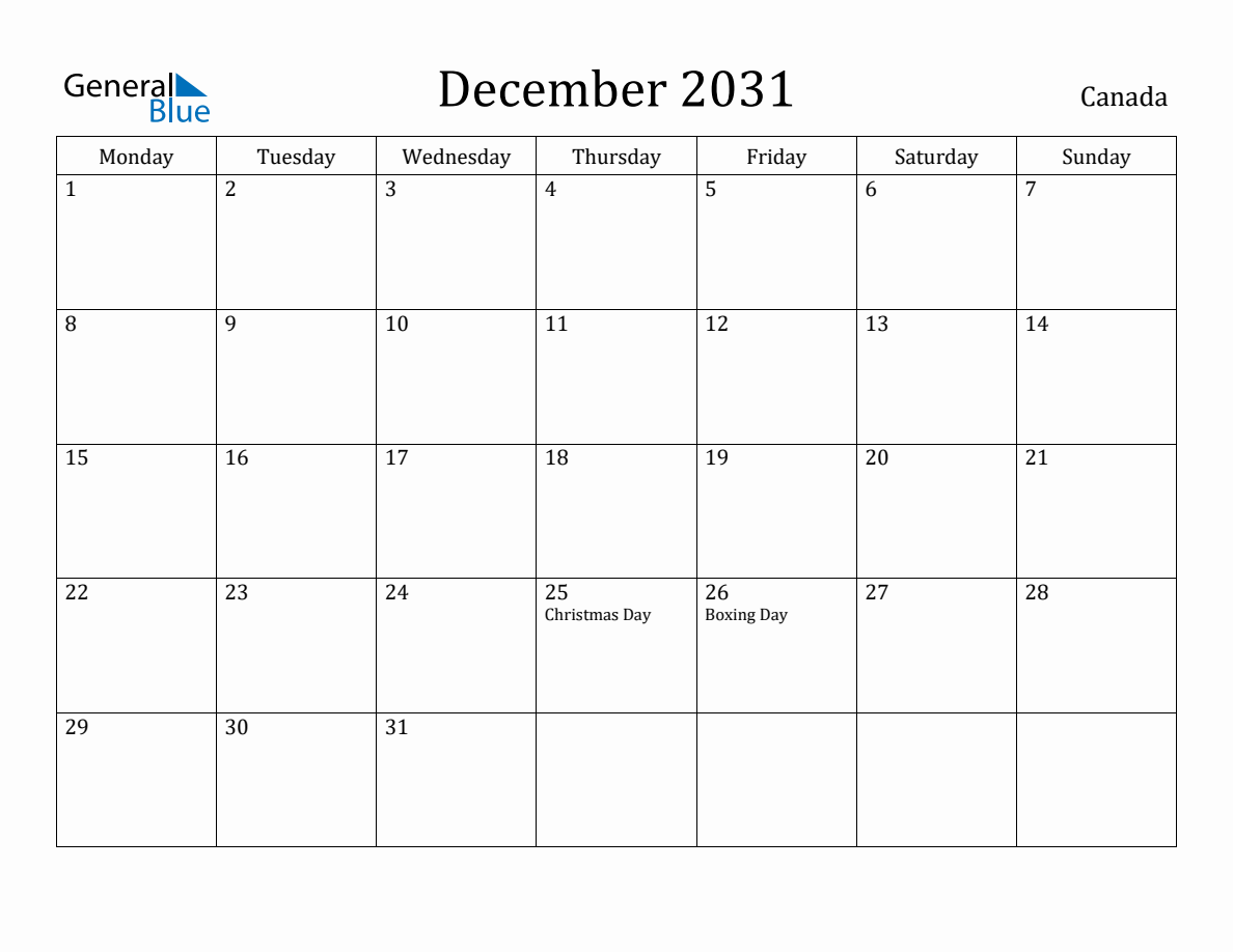 Canada Monthly Calendar - December 2031 (Monday Start)