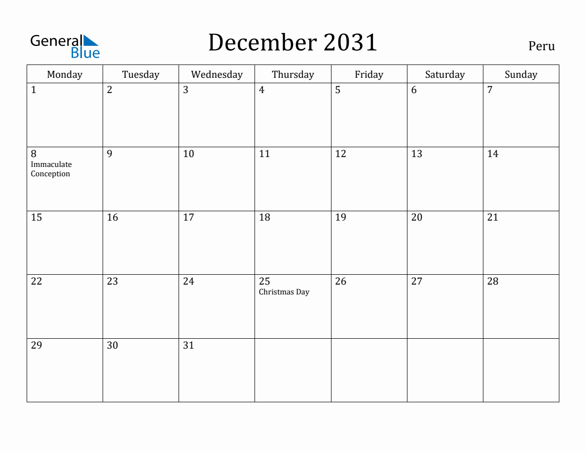 December 2031 - Peru Monthly Calendar with Holidays