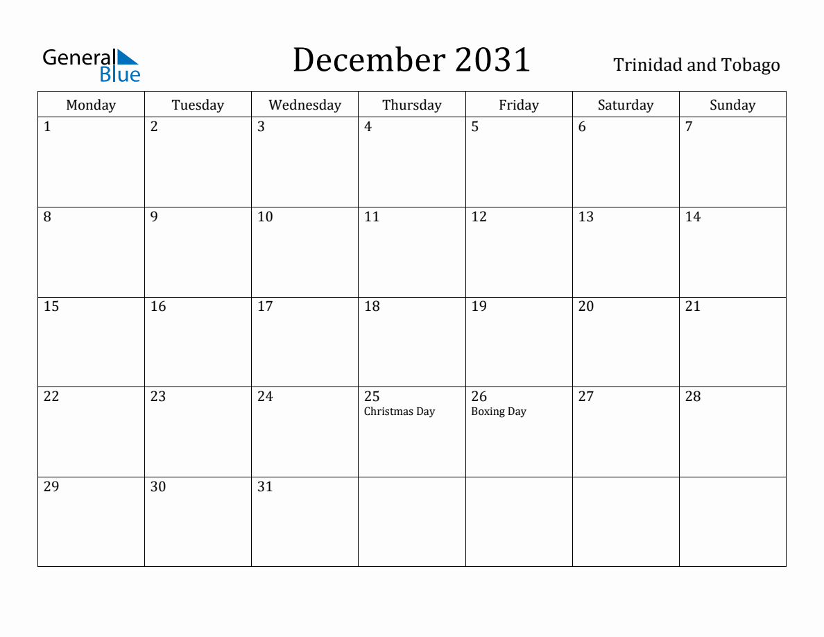 Trinidad and Tobago Monthly Calendar - December 2031 (Monday Start)