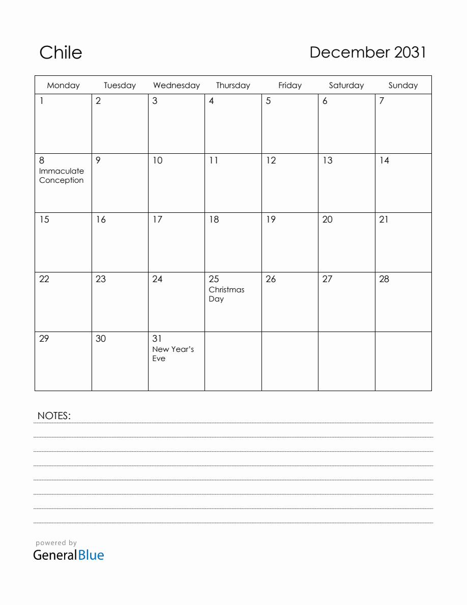 December 2031 Chile Calendar with Holidays (Monday Start)