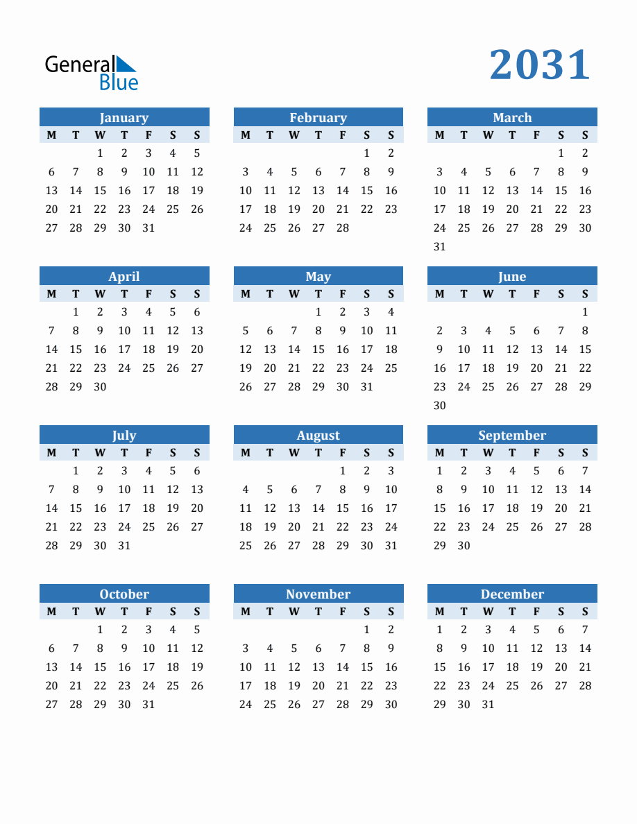 Free 2031 Year Calendar in PDF, Word, and Excel with Monday Start