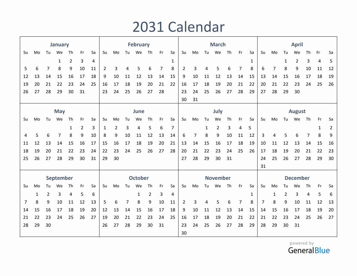 One-Page Yearly Calendar 2031 (PDF, Excel, Word)