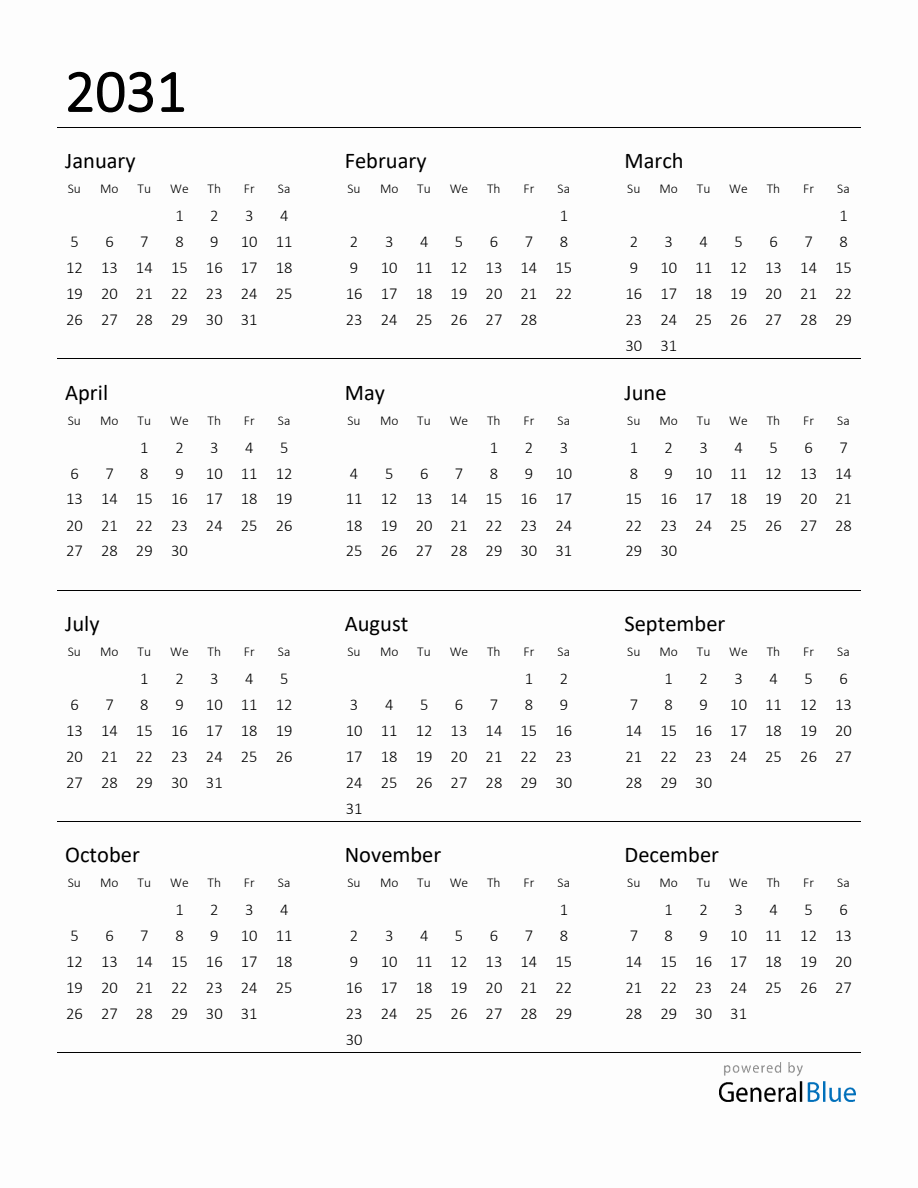 Printable Calendar for 2031