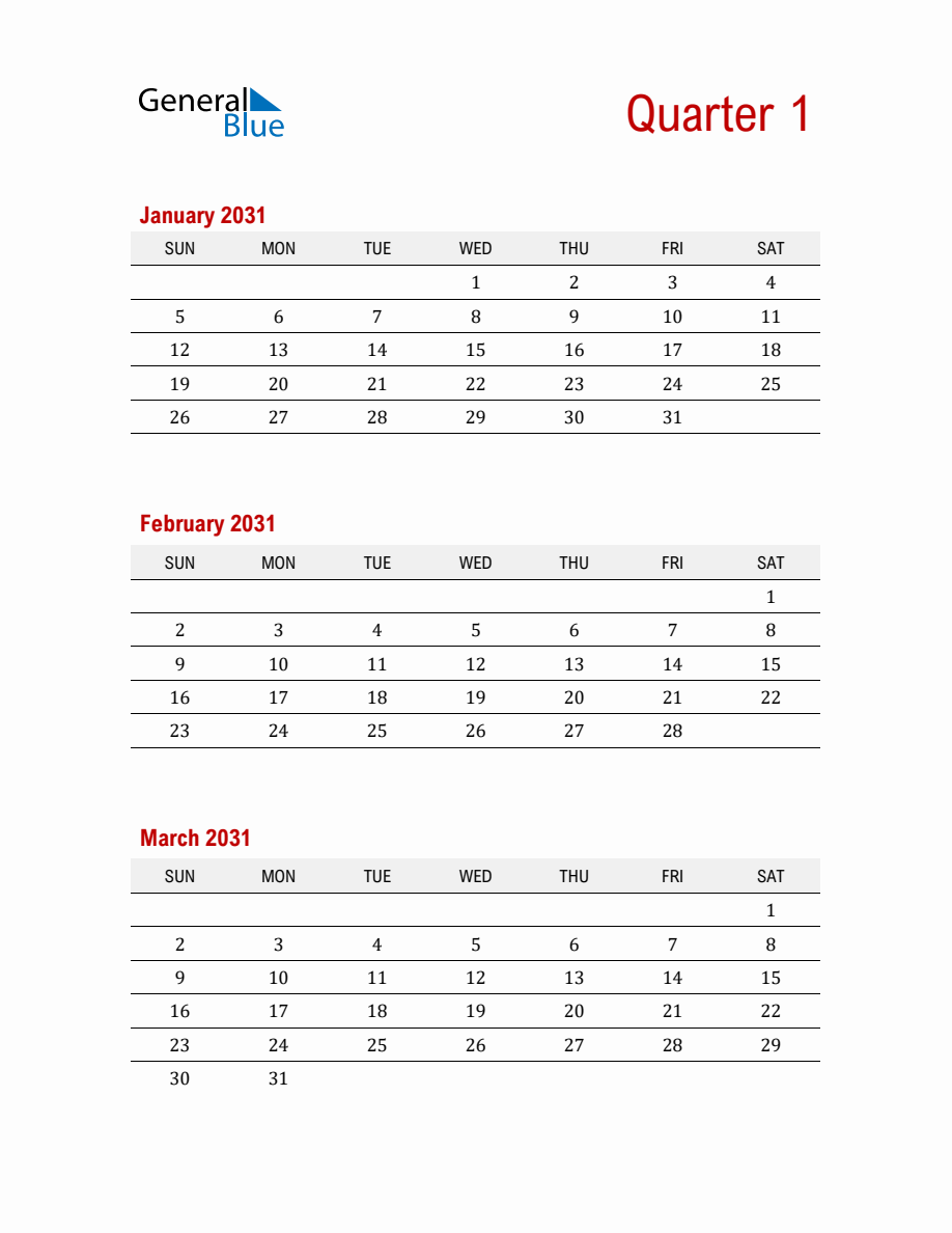 Quarter 1 2031 Calendar Printable (PDF, Word, Excel)
