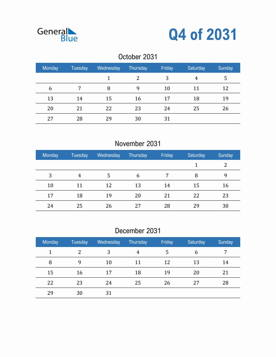 Blank Fillable Quarterly Calendar for Q4 2031 (PDF, Word, Excel ...