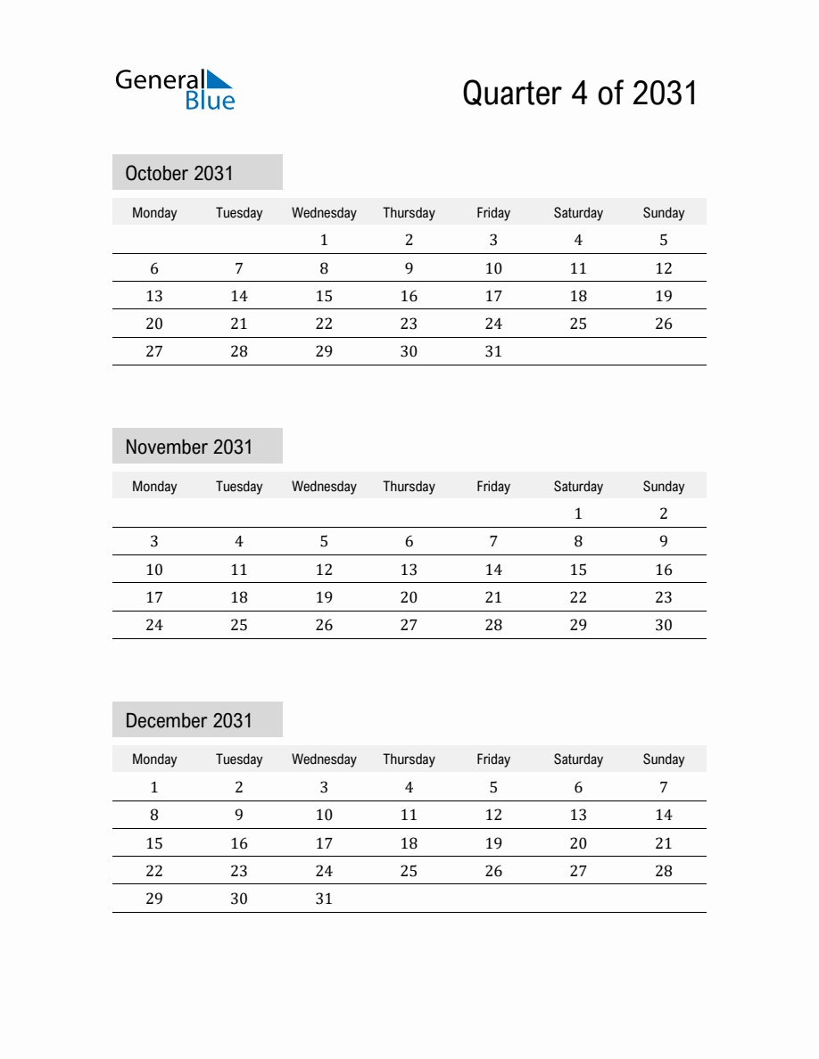 October, November, and December 2031 Calendar Template - Monday Start