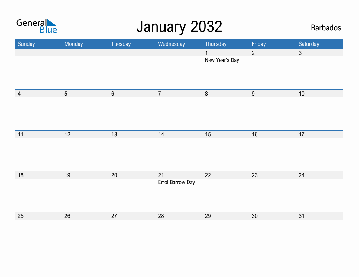 January 2032 Monthly Calendar with Barbados Holidays