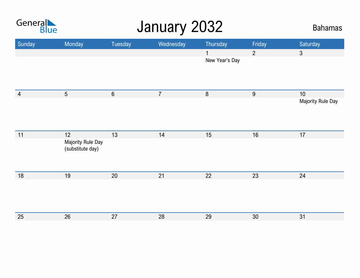 January 2032 Monthly Calendar with Bahamas Holidays