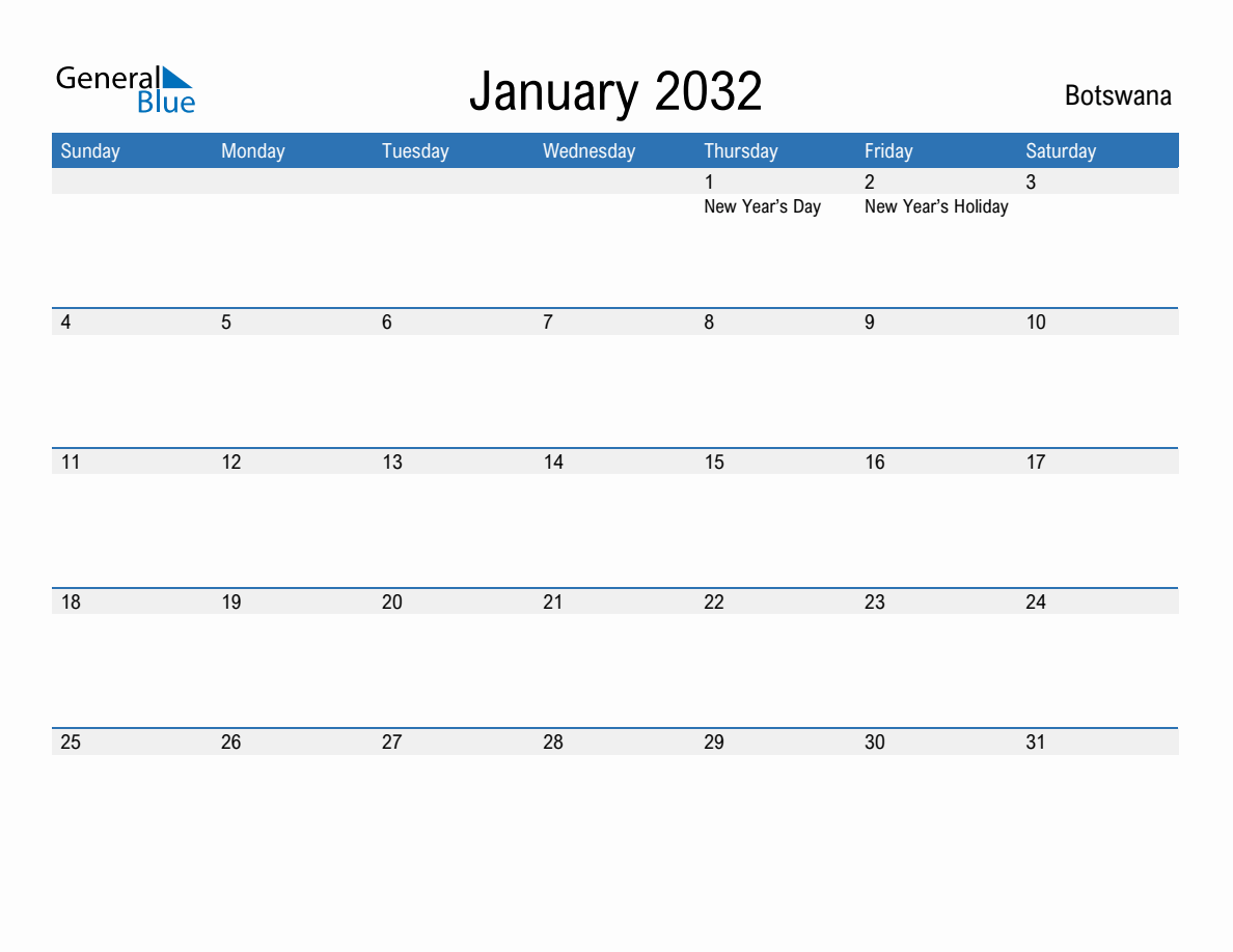 January 2032 Monthly Calendars with Botswana Holidays