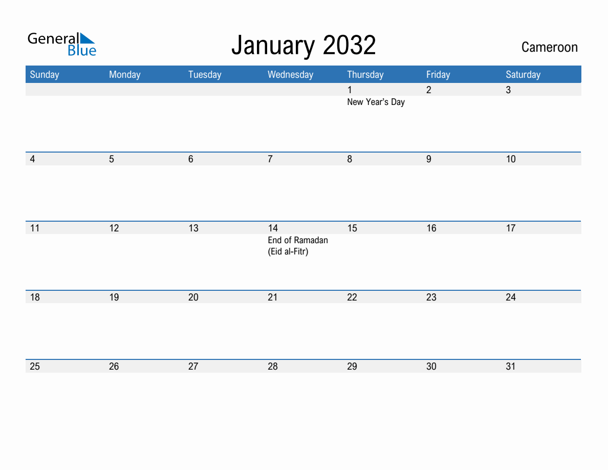 January 2032 Monthly Calendar with Cameroon Holidays
