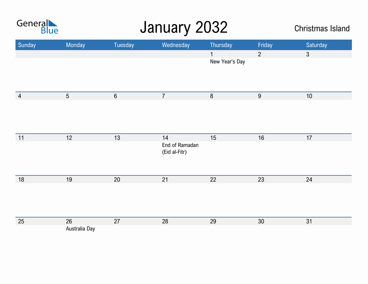 January 2032 Monthly Calendars with Christmas Island Holidays
